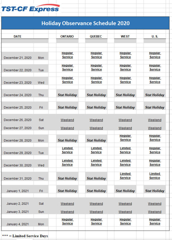 TST-CF Express Holiday Schedule 2020 - Target Freight